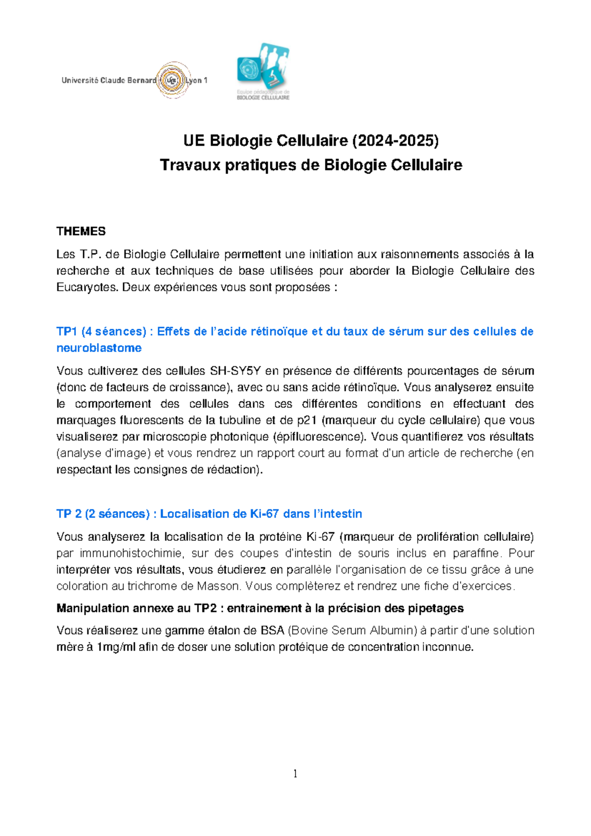 TP de Biologie Cellulaire 2024-2025 : Techniques et Pratiques en Laboratoire - Studocu