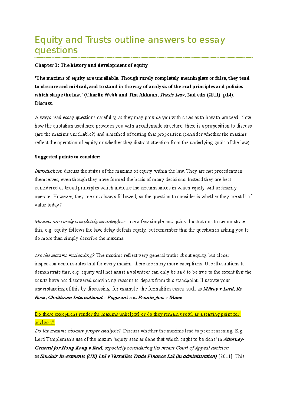 Equity and Trusts outline answers to essay questions - Equity and ...