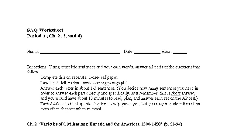 SAQ Worksheet Period 1: Short Answer Questions for Ch. 2-4 - Studocu