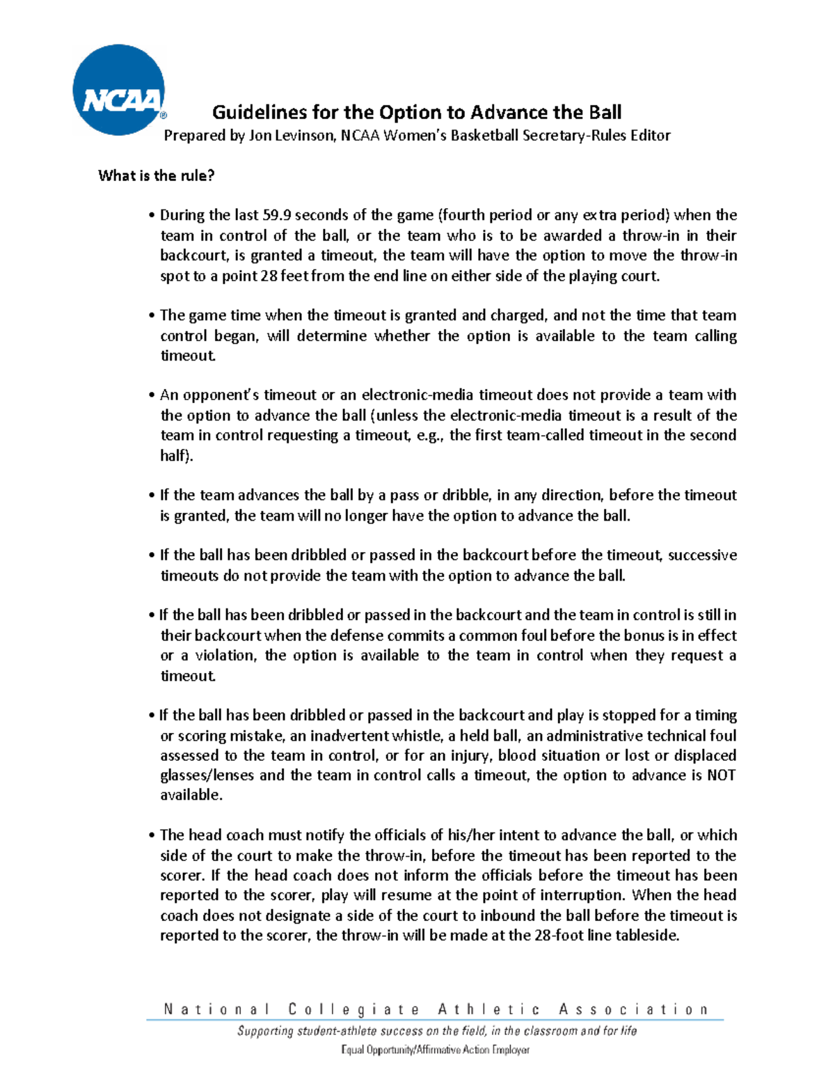 NCAA Basketball Guidelines: Option to Advance the Ball - Studocu