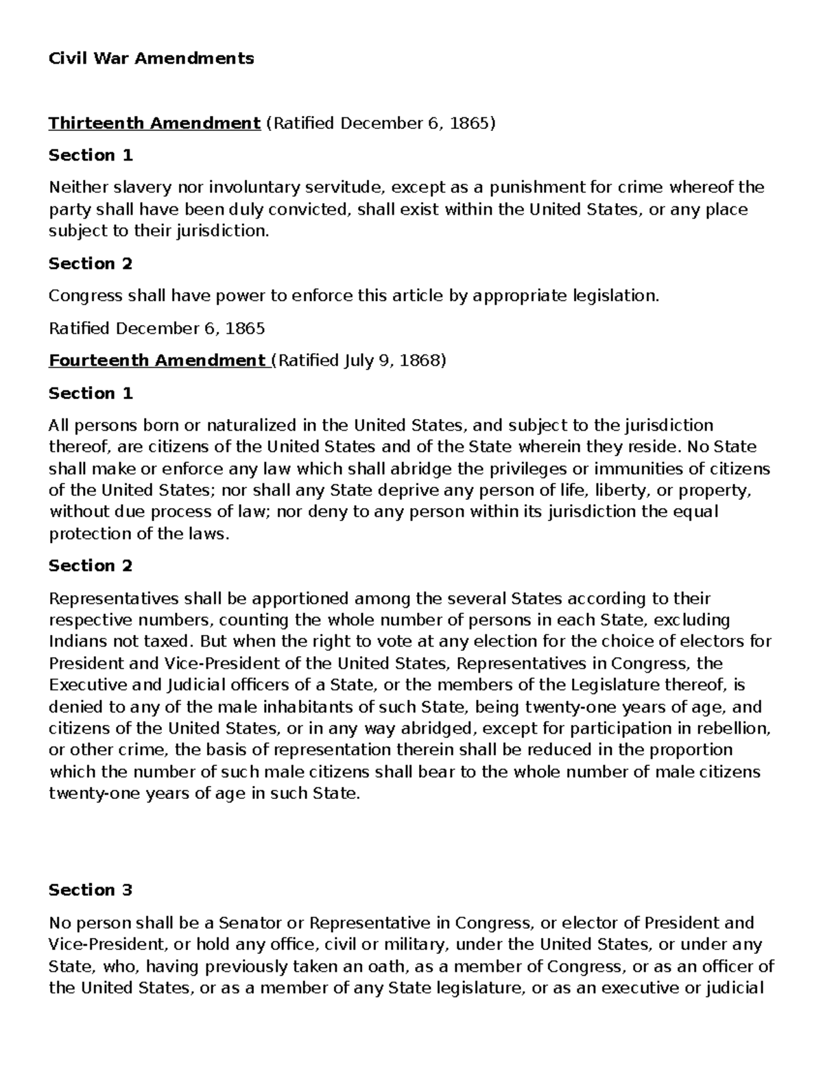 Civil War Amendments Overview: Thirteenth & Fourteenth Amendments - Studocu