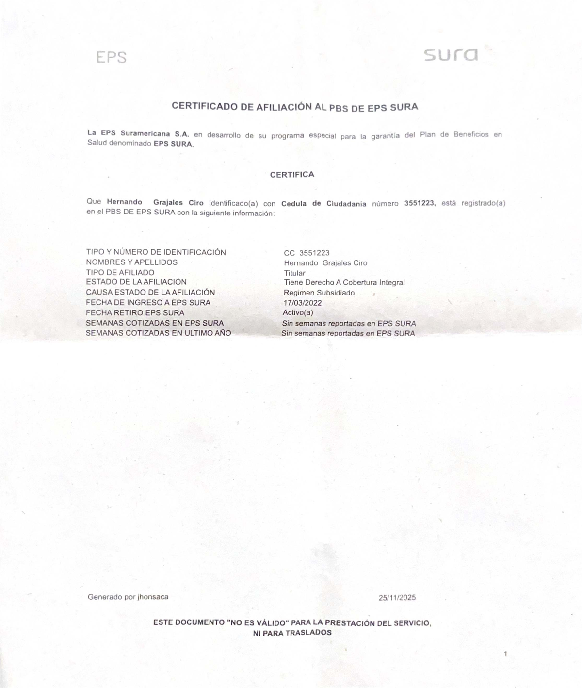 EPS SURA - Certificado de Afiliación de Hernando Grajales - Studocu