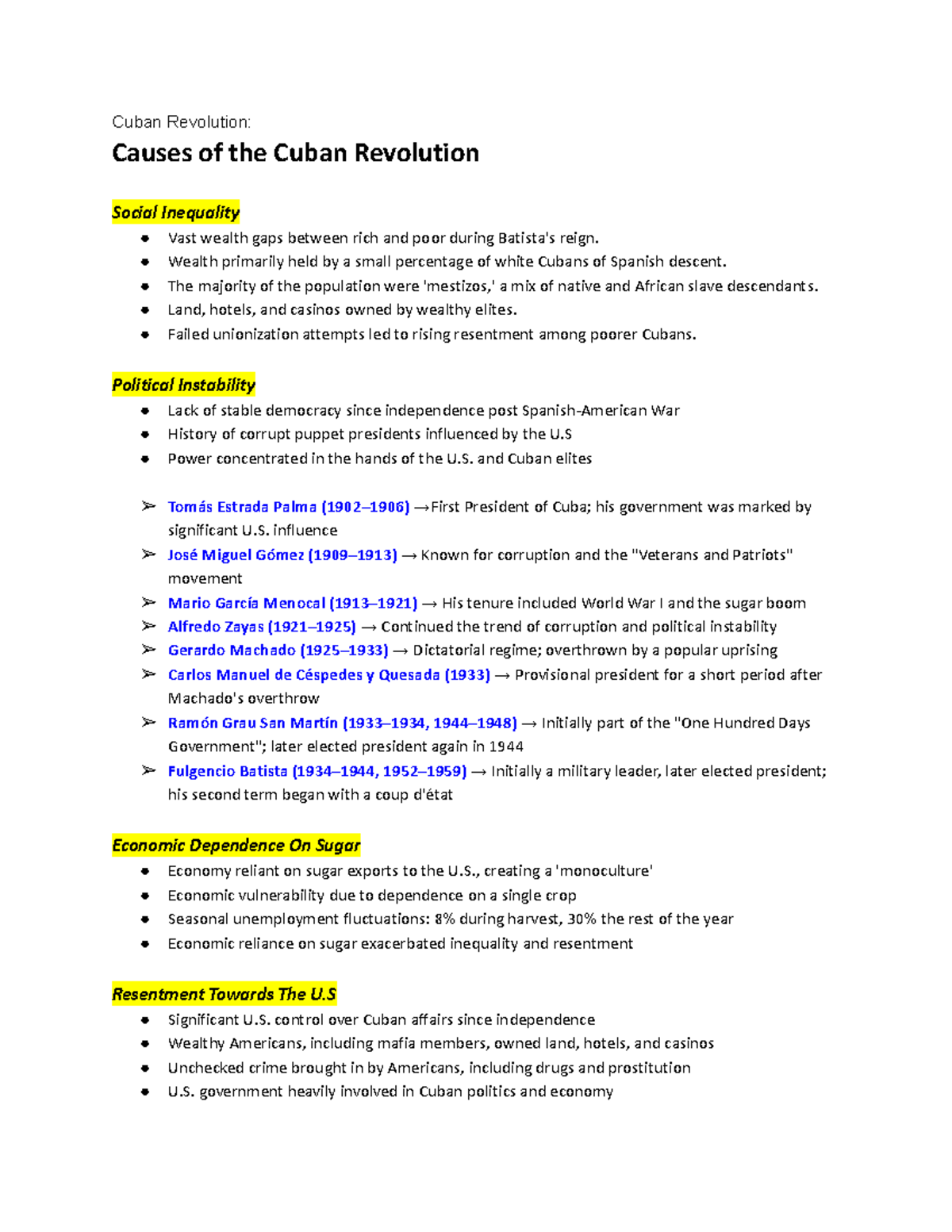 Cuban Revolution: Causes of Social Inequality and U.S. Influence - Studocu