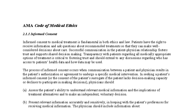 AMA Code of Medical Ethics: Informed Consent Guidelines - Studocu
