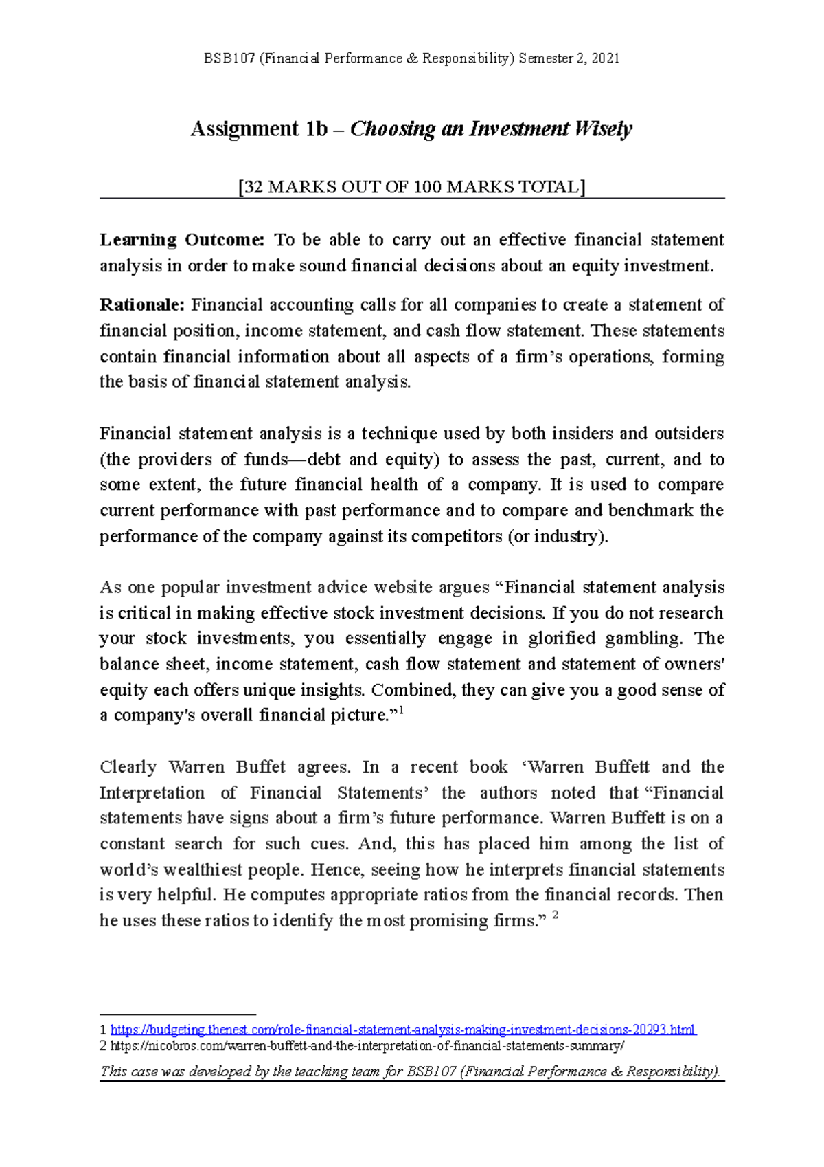 BSB107 Assignment 1b: Effective Investment Analysis Task Sheet - Studocu
