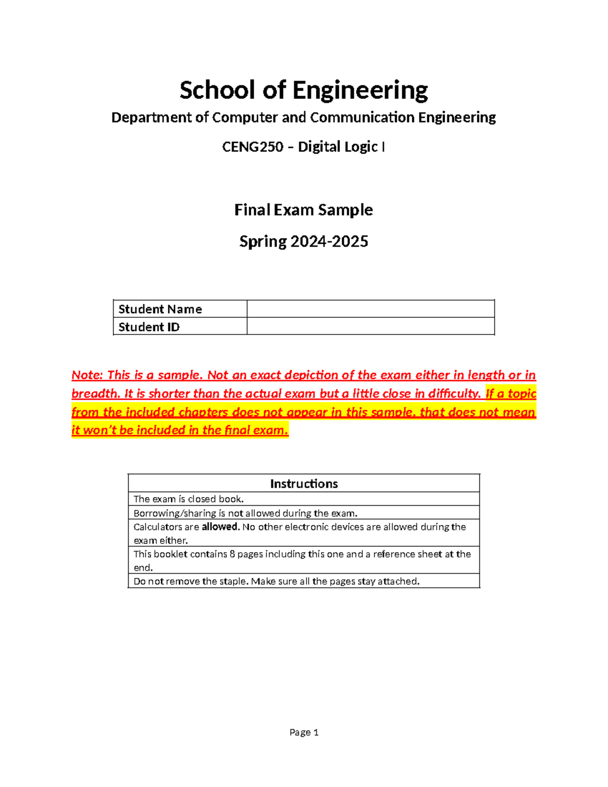 CENG250 Digital Logic I Final Exam Sample - Spring 2025 - Studocu