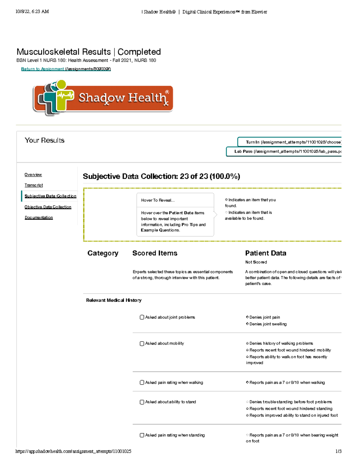 Subjective Data Collection for Musculoskeletal Patient - NURS 180 Final ...