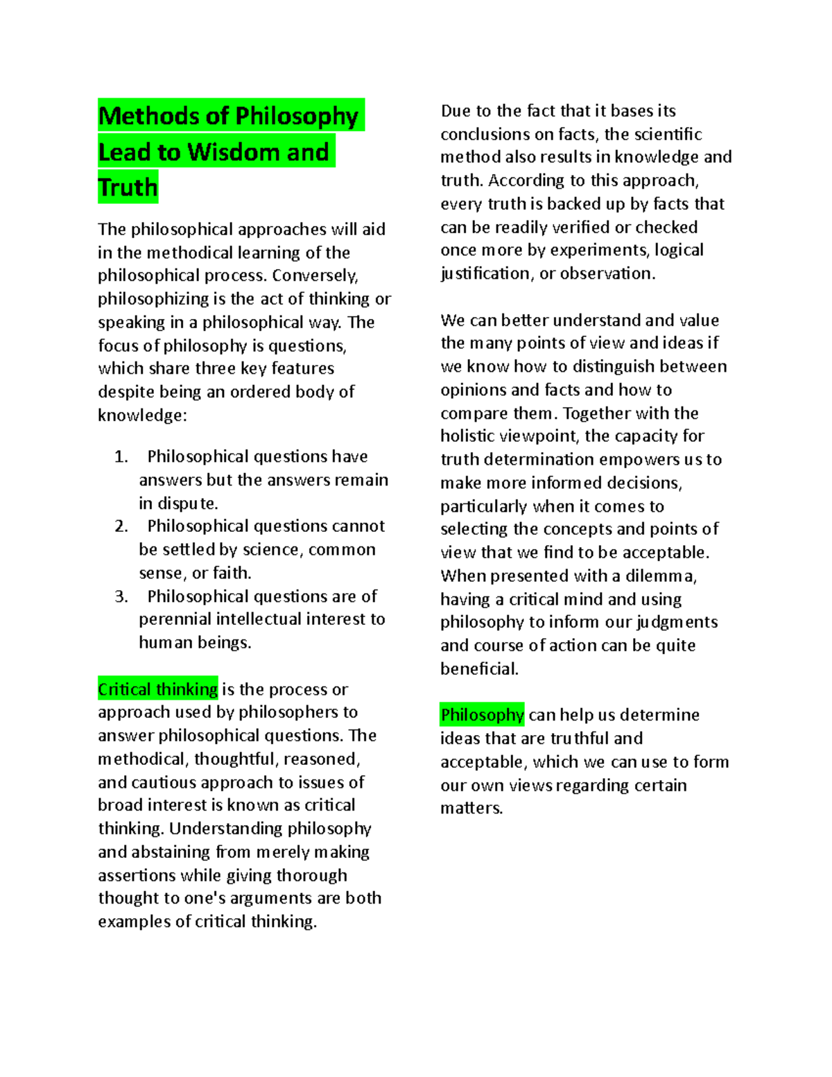 Ethics 1 - NOTES - Methods of Philosophy Lead to Wisdom and Truth The ...