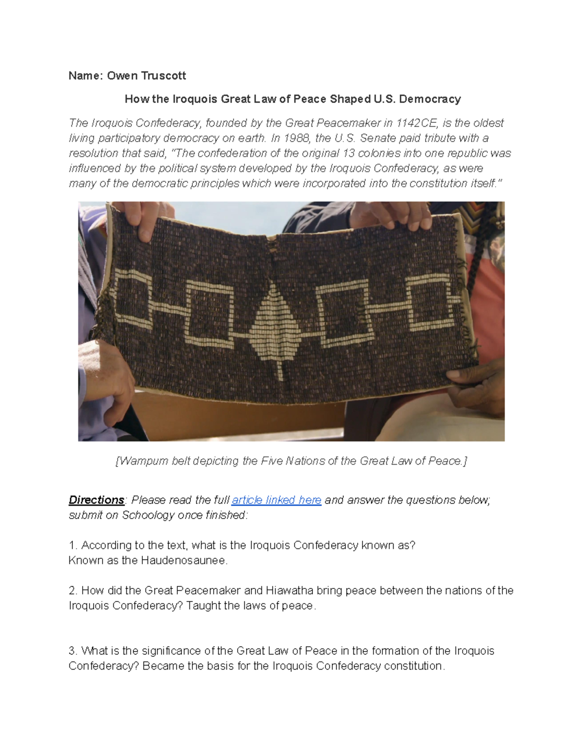 Iroquois Confederacy & Great Law of Peace: Impact on US Democracy - Studocu