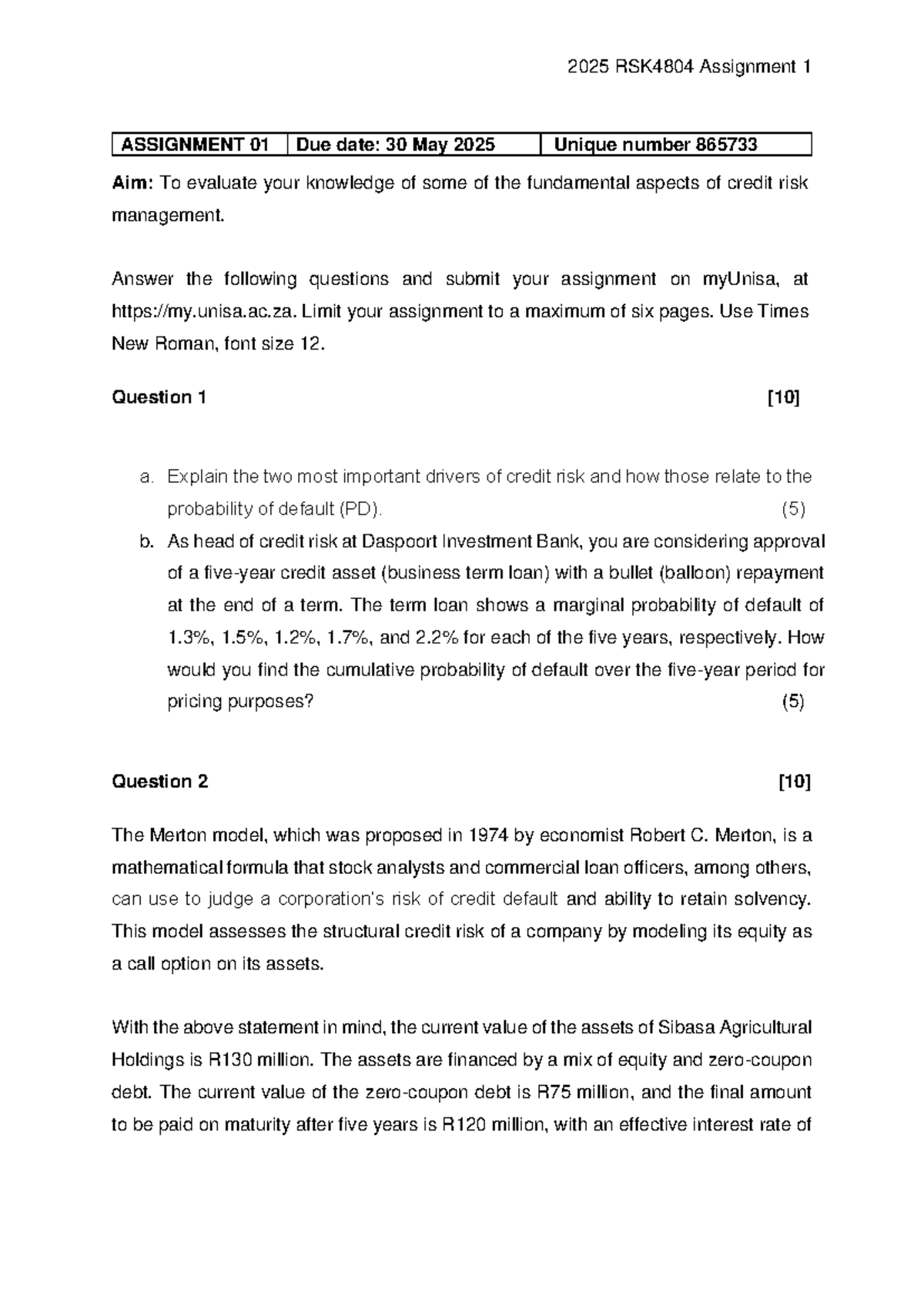RSK4804 Assignment 1: Credit risk management evaluation for 2025 - Studocu