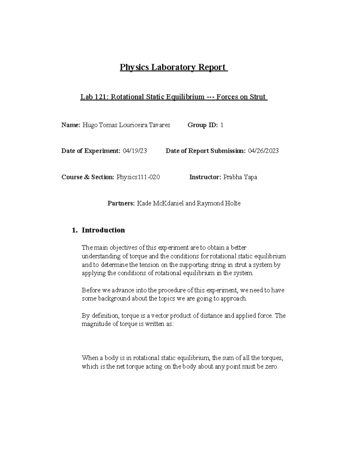 Physics 111 Lab Report: Rotational Static Equilibrium in Strut Systems ...