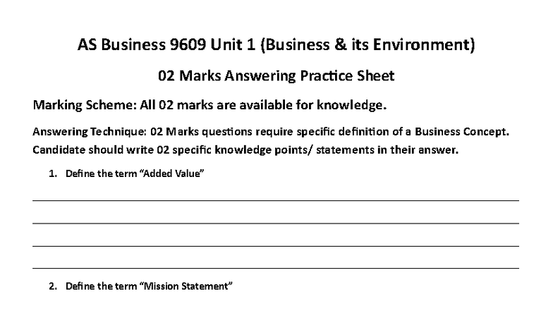 AS Business 9609 Unit 1 02 marks practice sheet - AS Business 9609 Unit ...