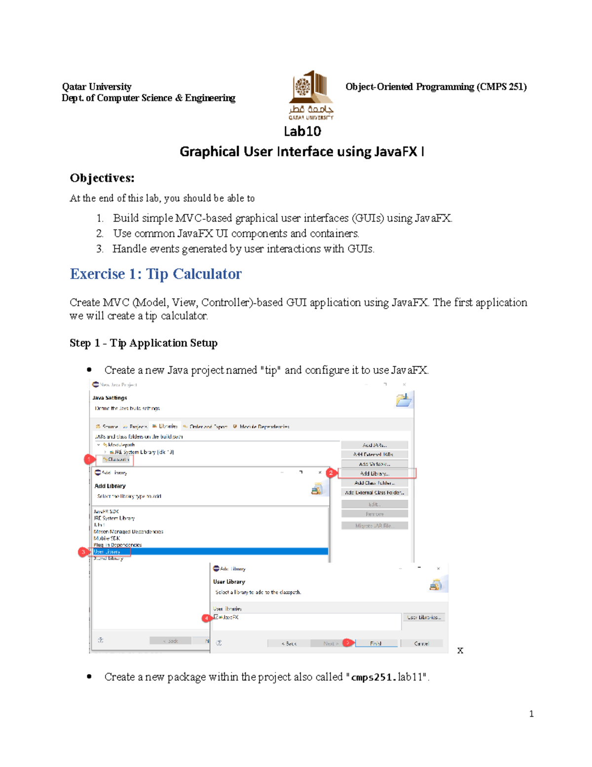 Lab10 - Graphical User Interface using Java FX I - Qatar University ...