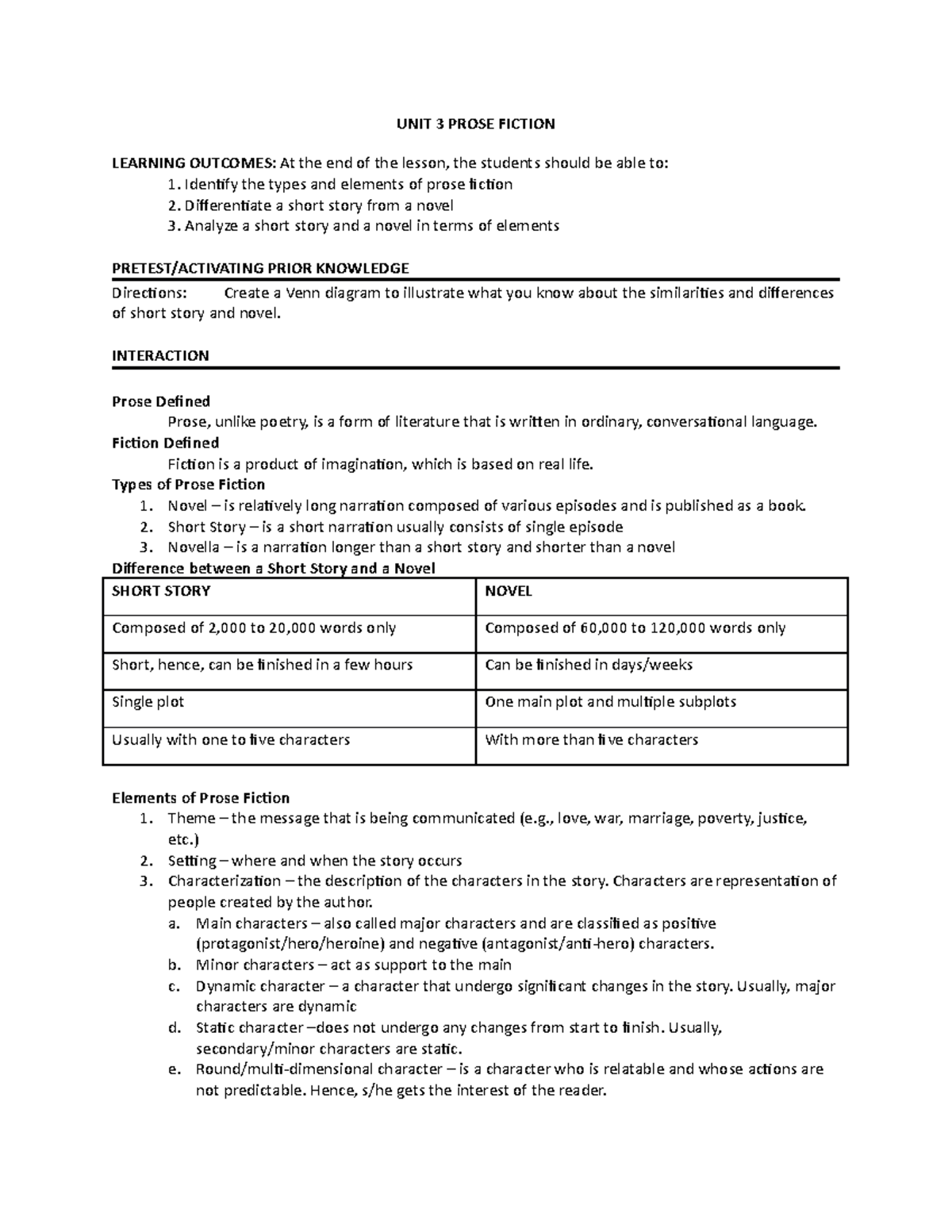 UNIT 3 - Short Story AND Novel - UNIT 3 PROSE FICTION LEARNING OUTCOMES ...