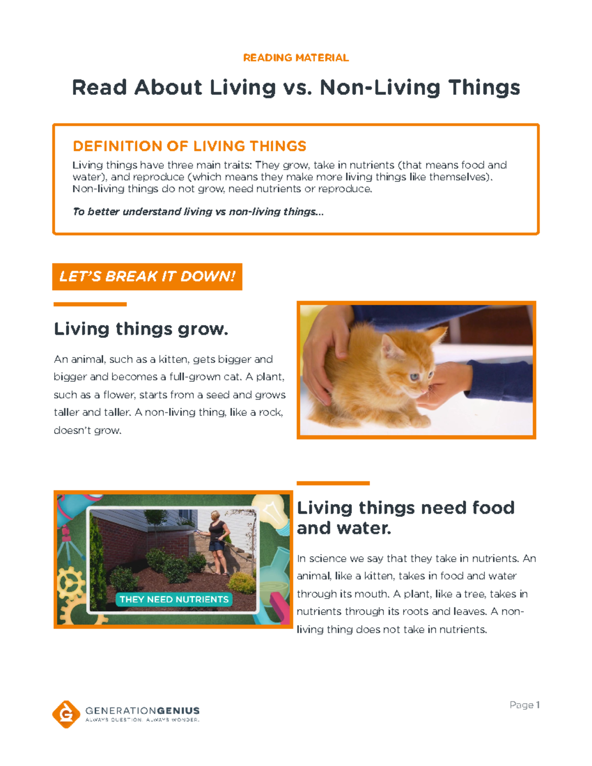 Living vs. Non-Living Reading Material Grades K-2 - READING MATERIAL ...