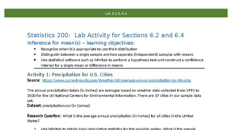 Lab 6.2 & 6.4 Statistics 200: Inference for Means & Activities - Studocu
