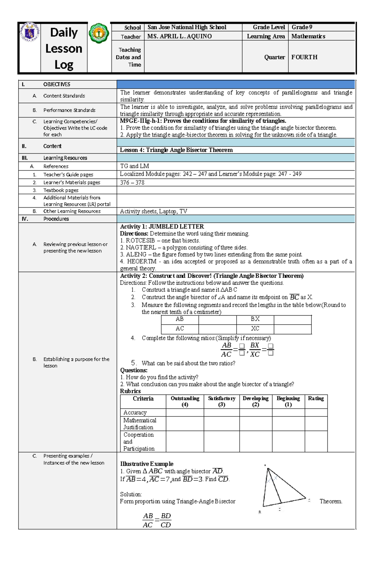 Grade 9 Math Daily Lesson Log: Triangle Bisector Theorem (DLL) - Studocu