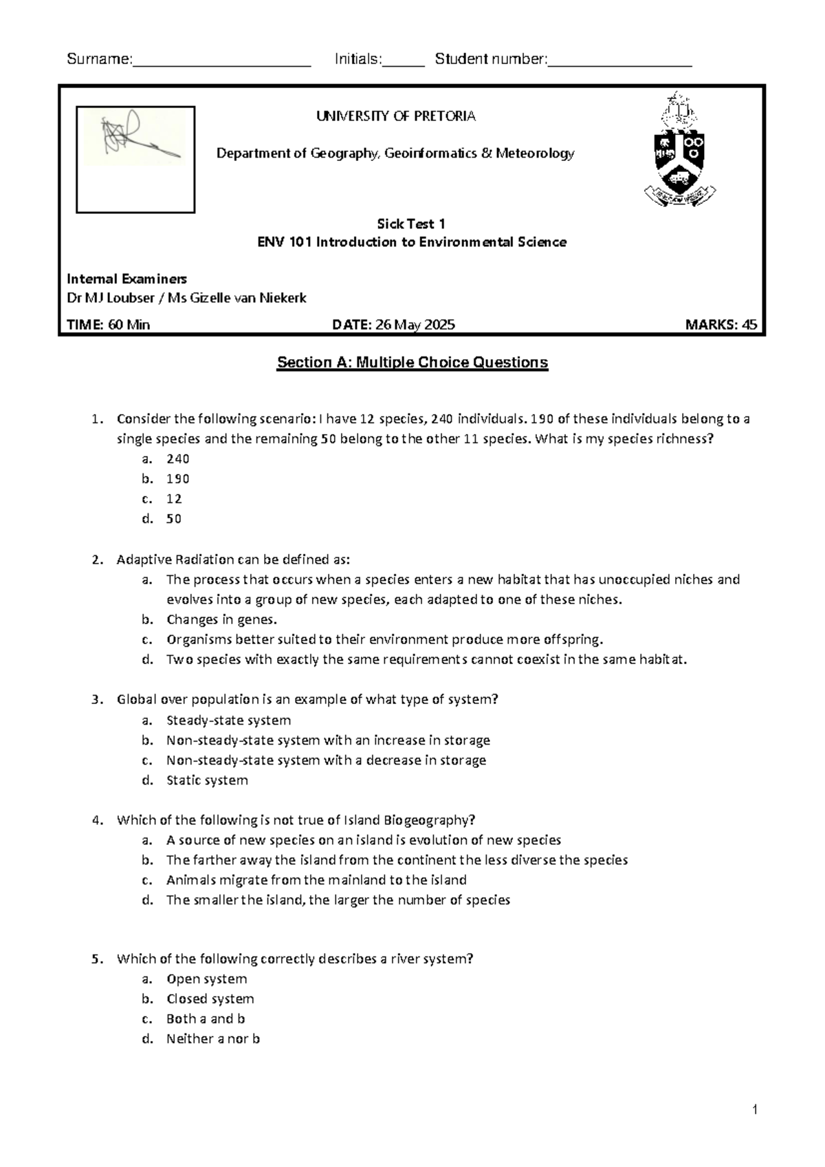 ENV 101 Final Exam Question Paper - Introduction to Environmental ...
