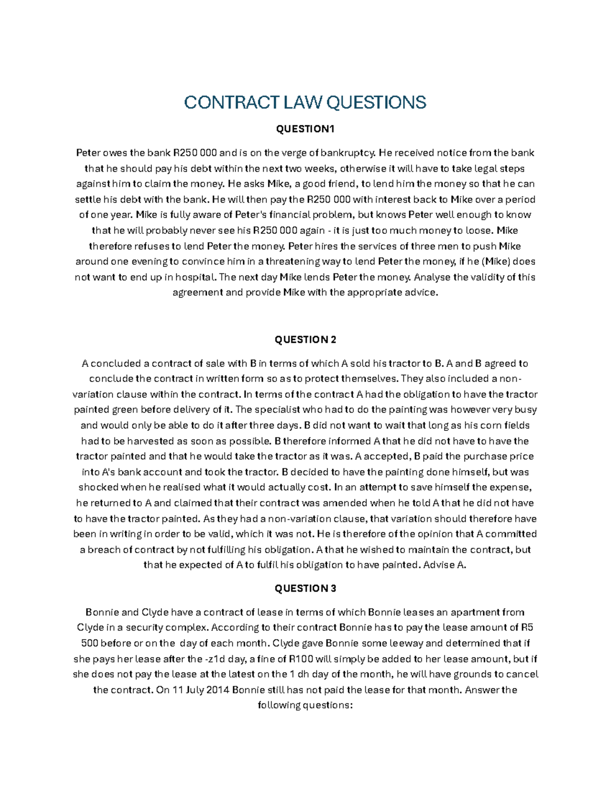 Contract LAW EXAM PREP: Key Questions Analysis and Advice - Studocu
