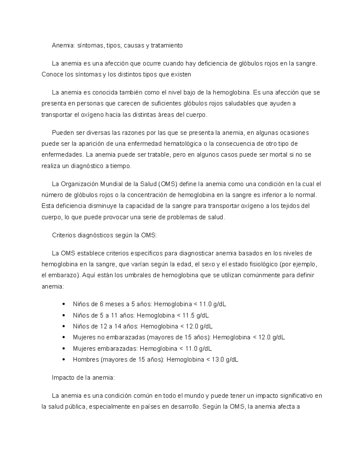 Anemia: Tipos, Causas y Tratamientos Esenciales - Studocu