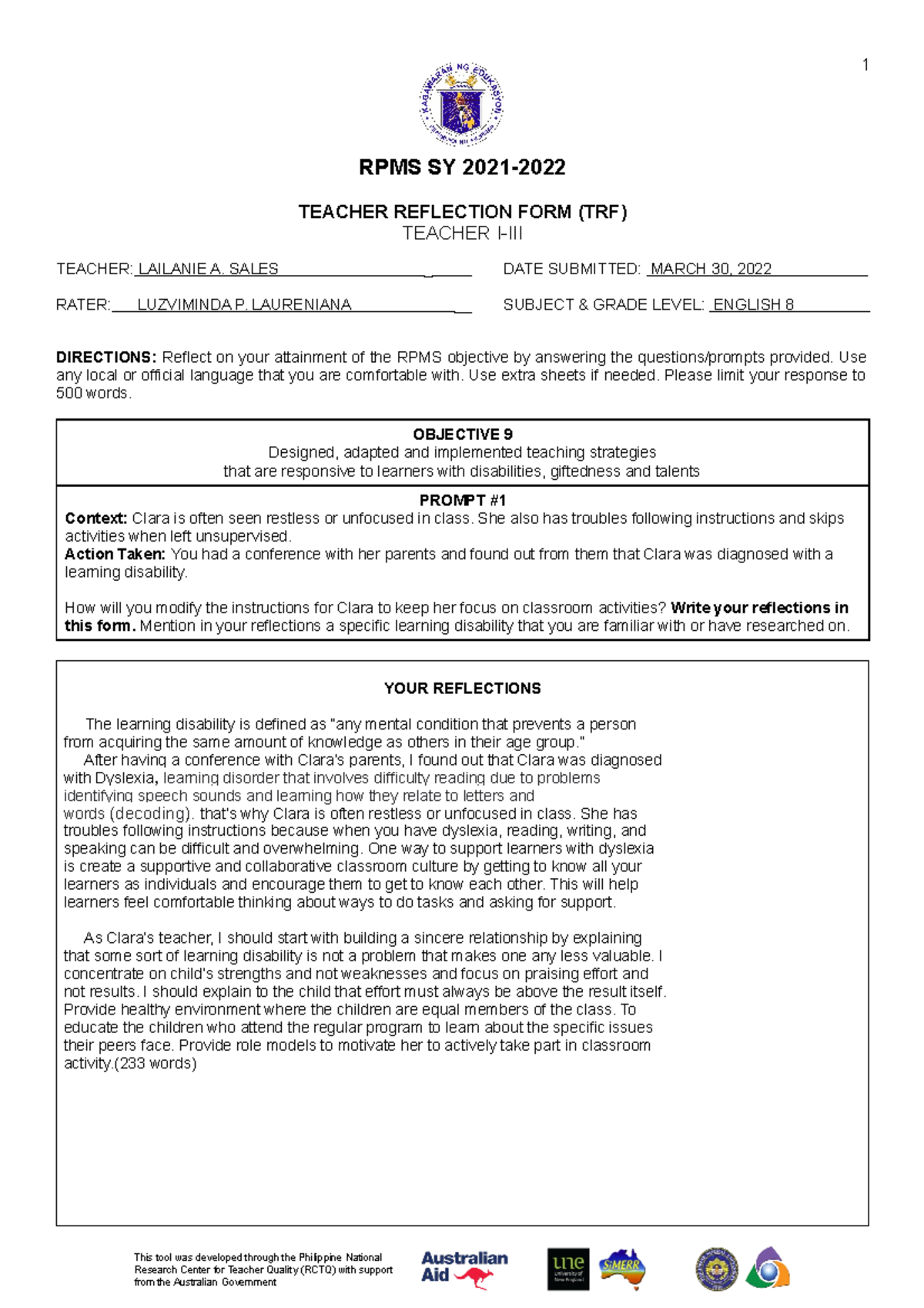 TRF-OBJ - TRF Objective 9 Prompt 2 - RPMS SY 2021- TEACHER REFLECTION ...