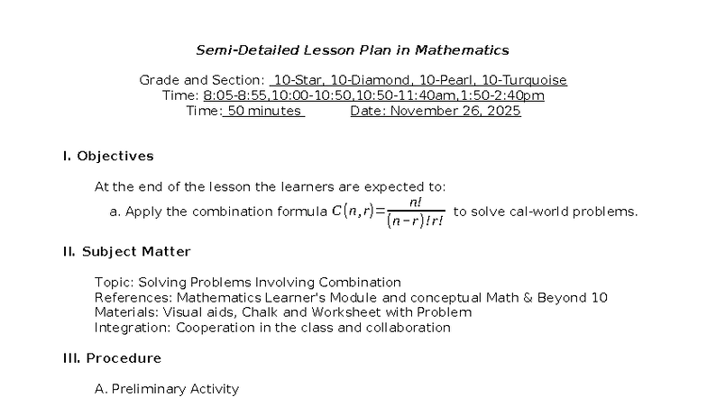 Mathematics Lesson Plan: Combinations for Grade 5 (50 min) - Studocu