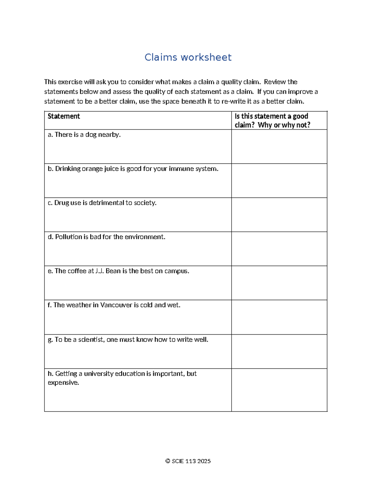 SCIE 113 Claims Worksheet: Assessing and Improving Quality Claims - Studocu