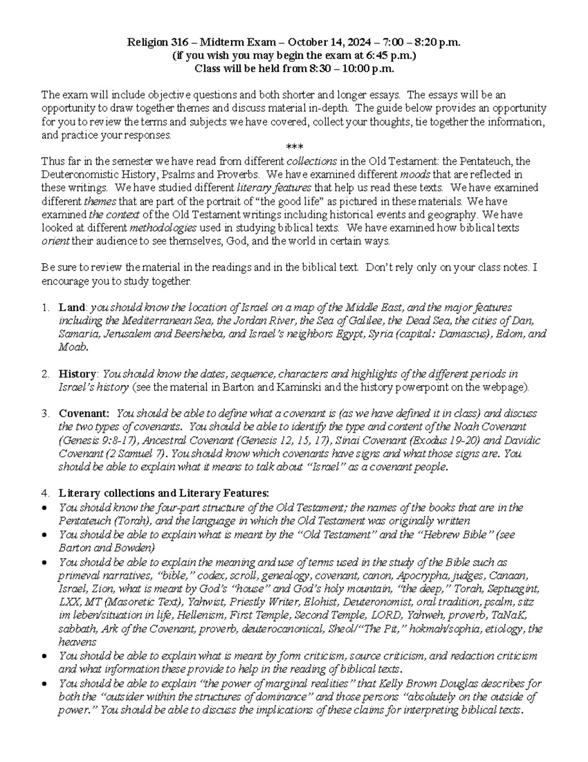 Religion 316 Midterm Exam Study Guide: Old Testament Themes & Texts ...
