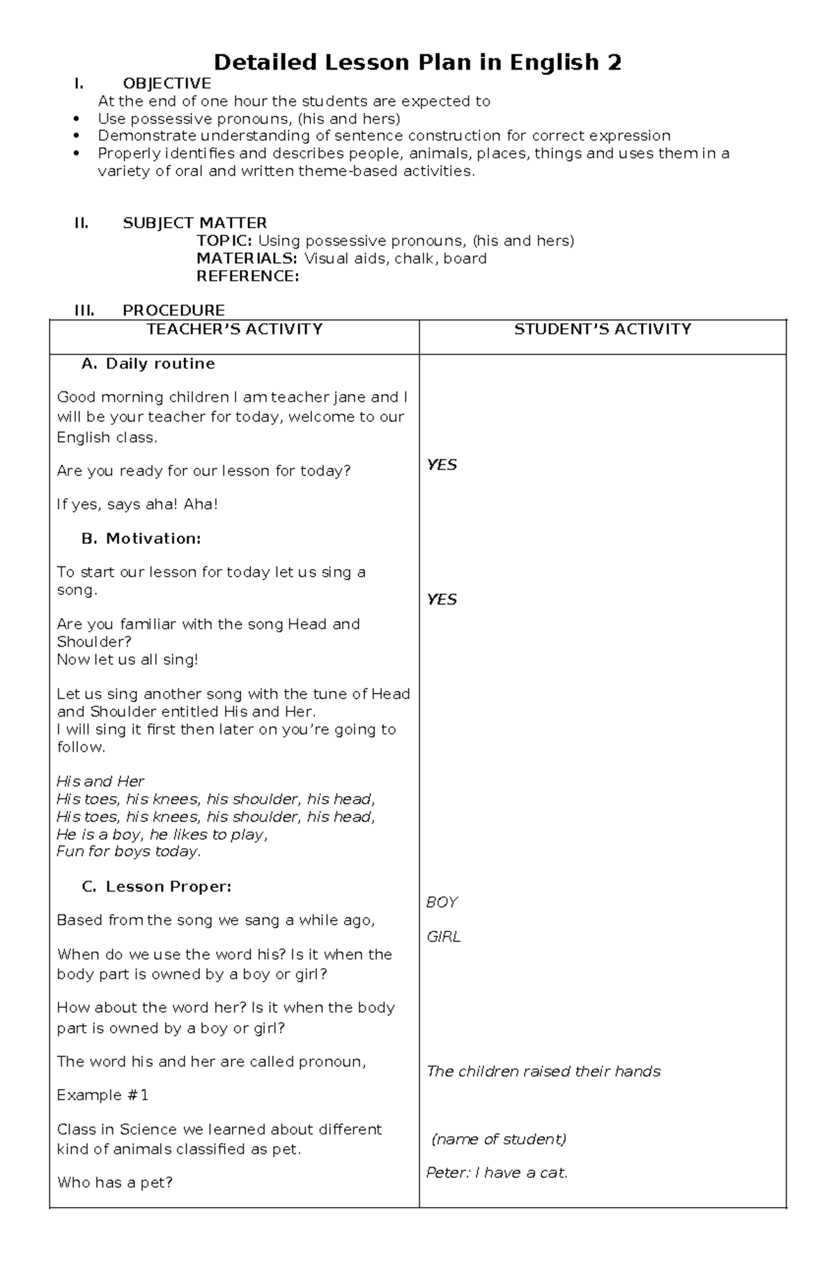 Detailed Lesson Plan: Using Possessive Pronouns in English 2 - Studocu