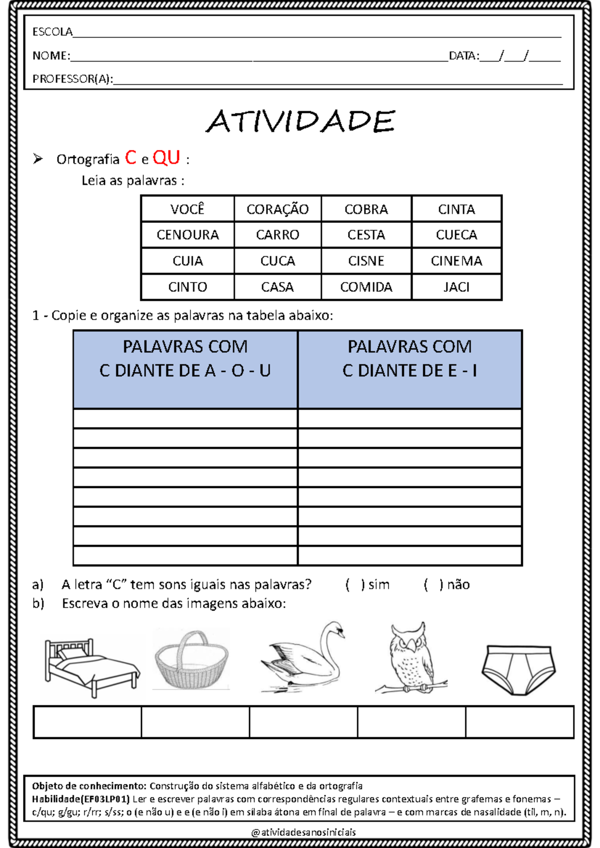 Atividade de Ortografia: C e QU para 3º Ano do Fundamental - Studocu