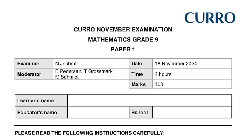 Mathematics Grade 9 IEB November 2024 Examination Paper 1 - Studocu