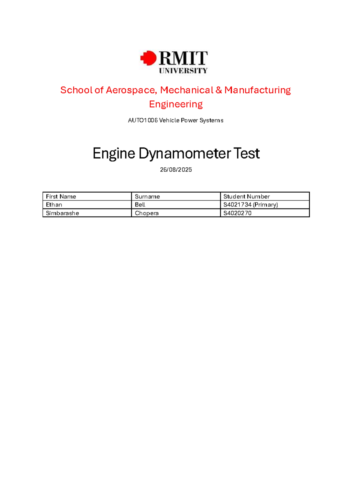 AUTO1006 Lab Report: Vehicle Power Systems Engine Dynamometer Test ...