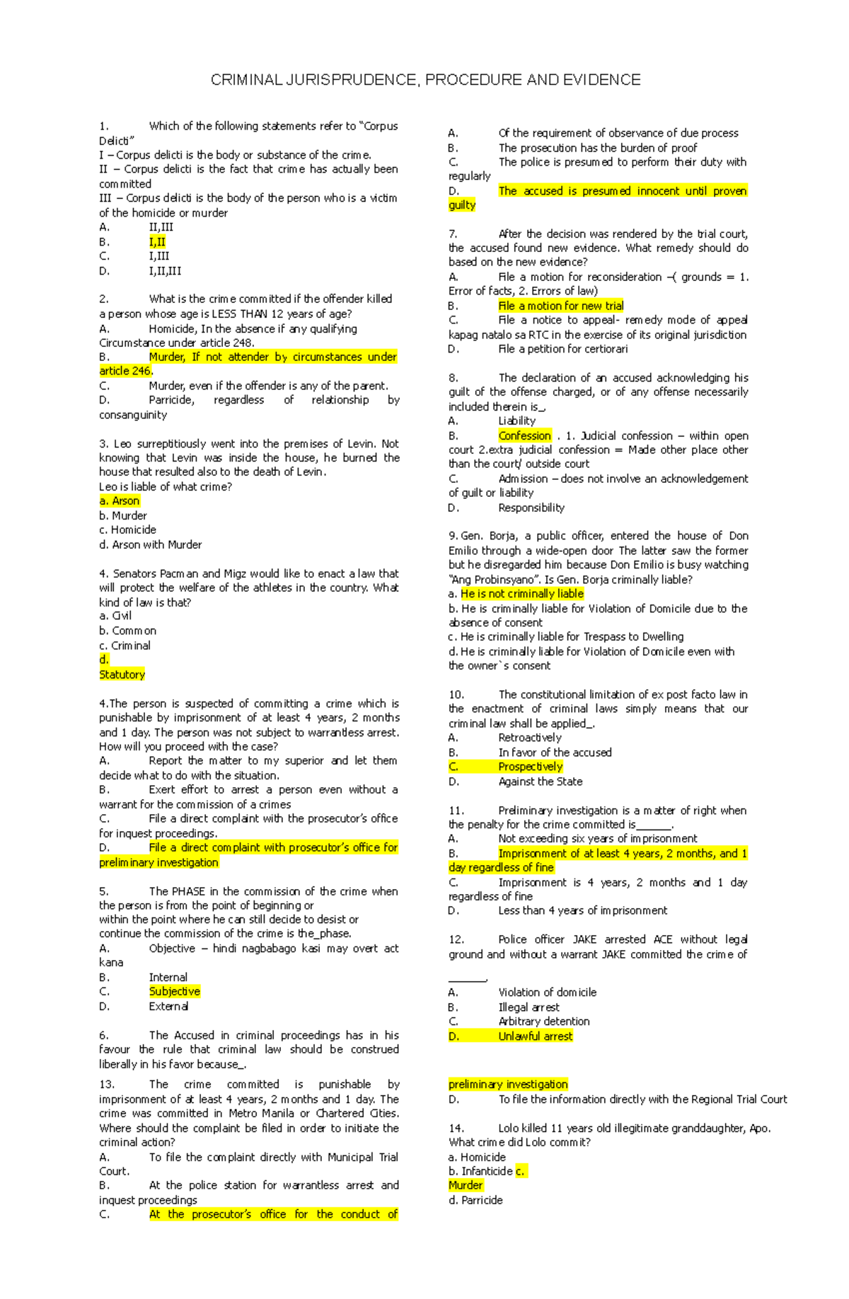 CLJ-FC - Final Exam Review on Criminal Jurisprudence and Procedure ...