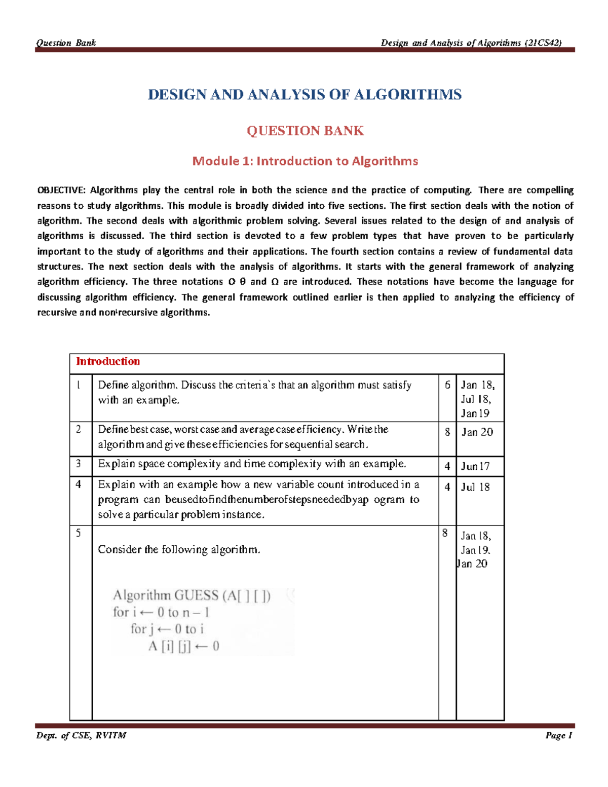 Algorithms Question Bank - Module 1: Intro to Algorithms & Analysis - Studocu