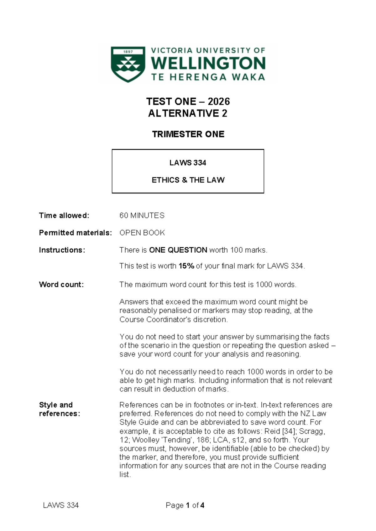 LAWS 334 - Test One T1 2026: Alternative Two Guidelines - Studocu