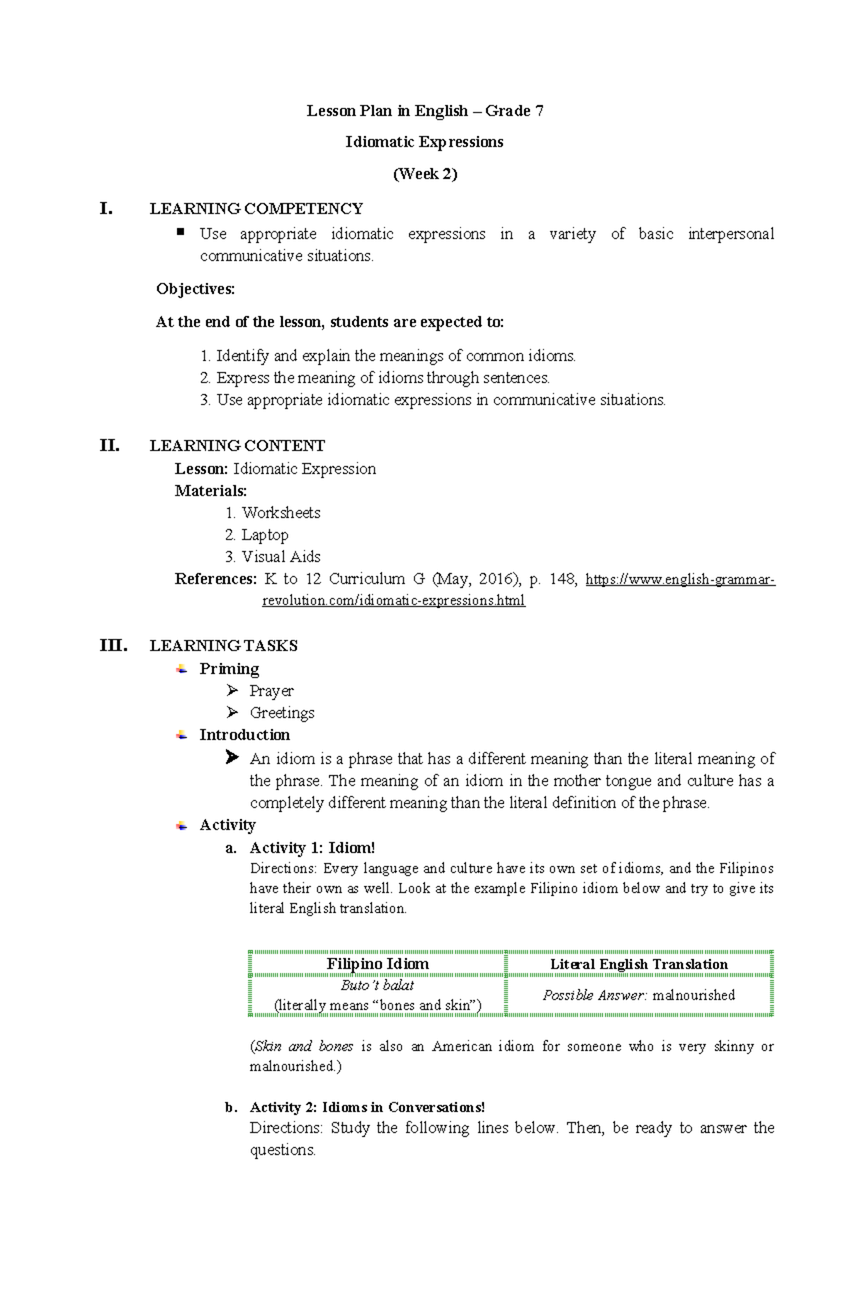 Grade 7 English Lesson Plan: Idiomatic Expressions (Week 2) - Studocu