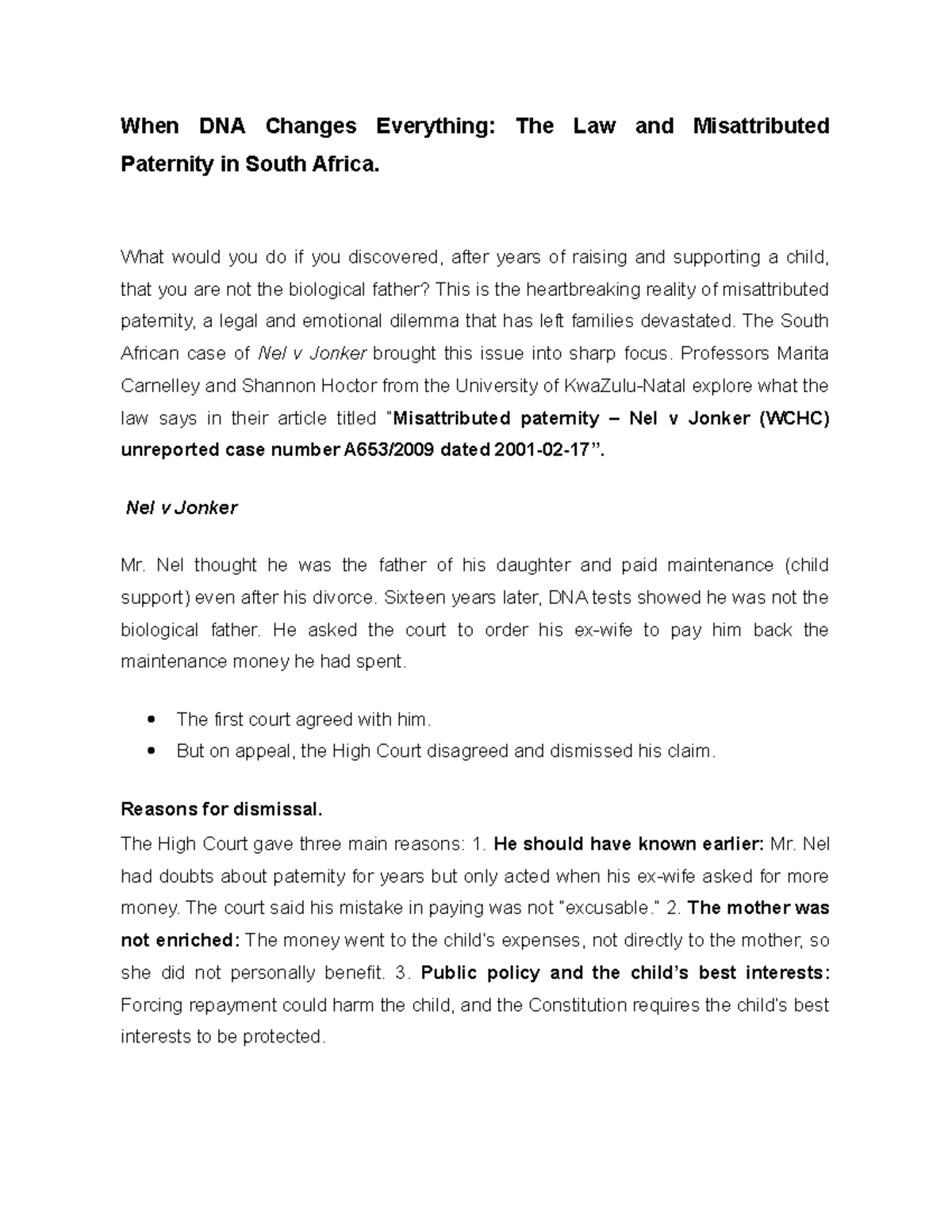 Misattributed Paternity: Legal Insights from Nel v Jonker (WCHC) - Studocu