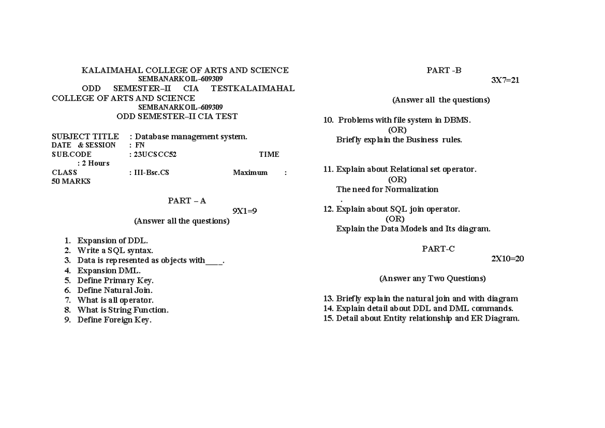 3 CS DBMS - Odd CIA Test Question Paper - Studocu