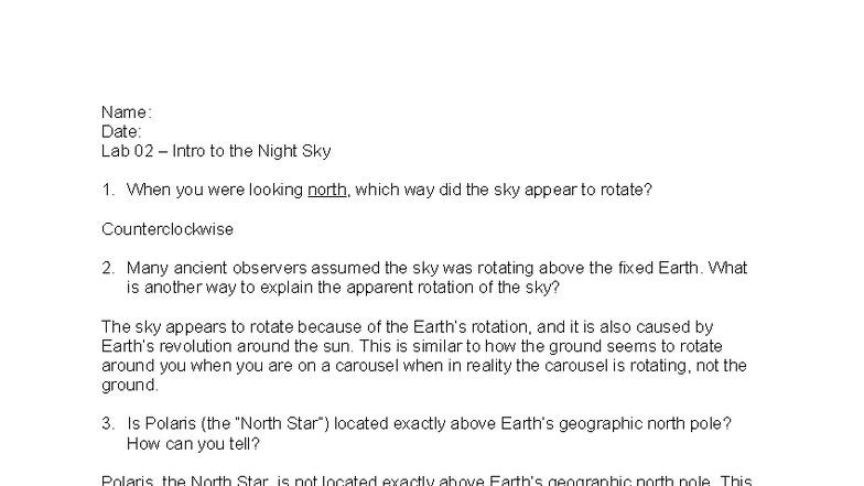 Lab 02 - Astronomy - Intro to the Night Sky Observations - Studocu