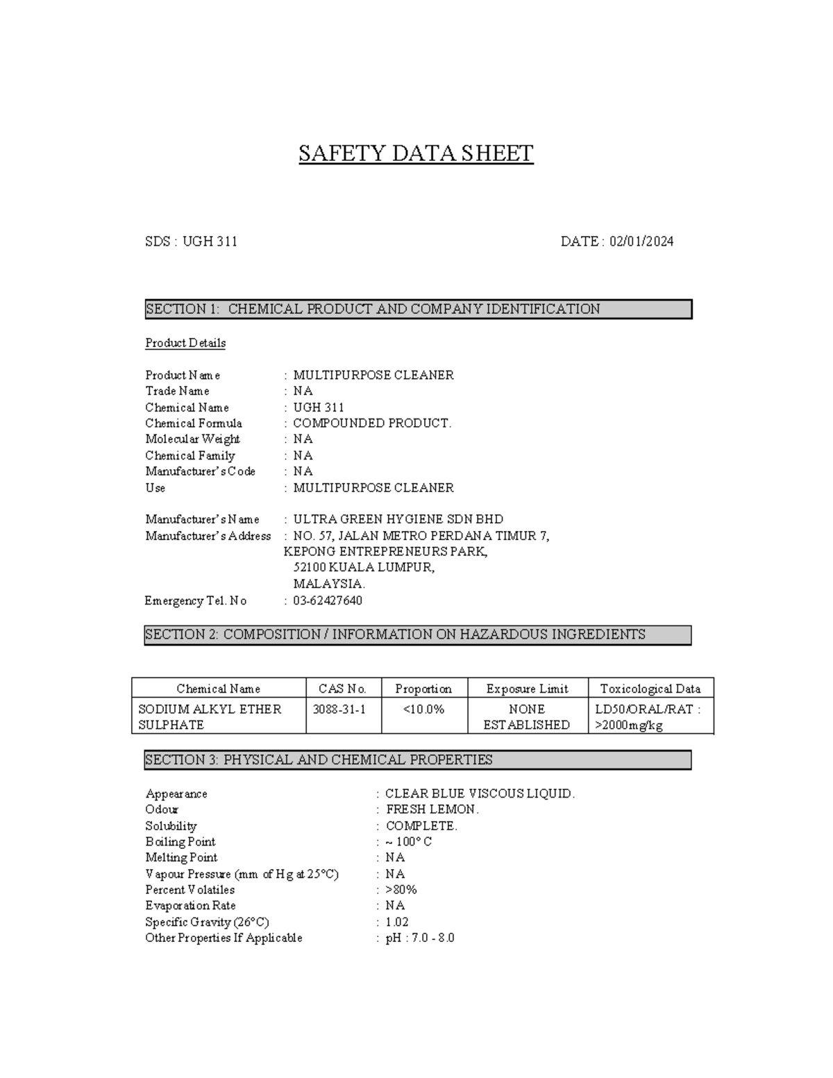 SDS UGH 311: Safety Data Sheet for Multipurpose Cleaner - Studocu