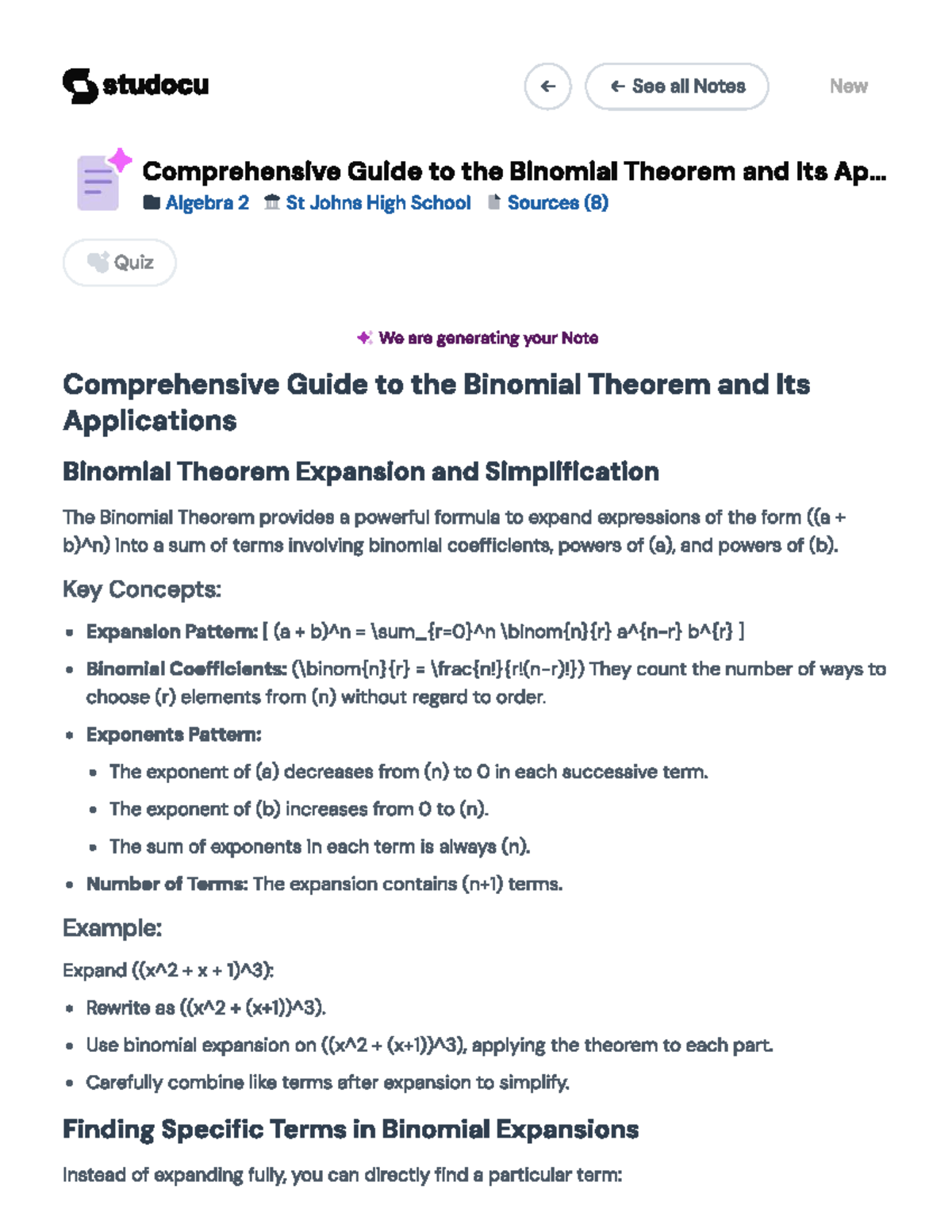 Algebra 2 Quiz: Comprehensive Study Guide on Binomial Theorem - Studocu