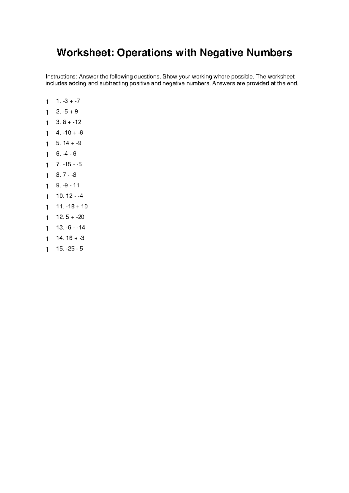 Negative Numbers Worksheet: Operations with Negatives - Studocu