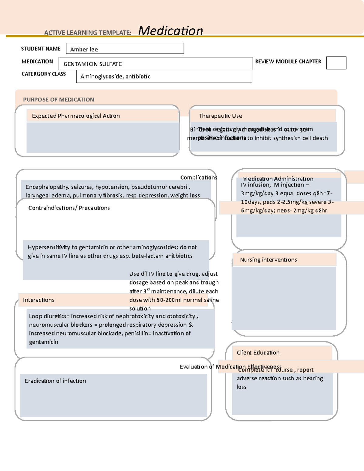 Gentamicin Med Card ATI: Dosage, Risks, and Nursing Interventions - Studocu