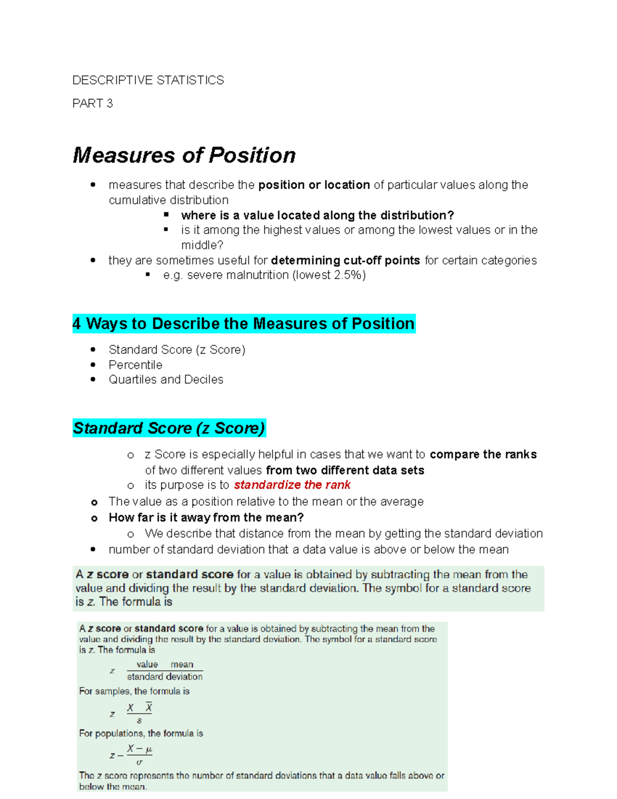 3 part 3 Descriptive Statistics - DESCRIPTIVE STATISTICS PART 3 Measures of Position measures ...