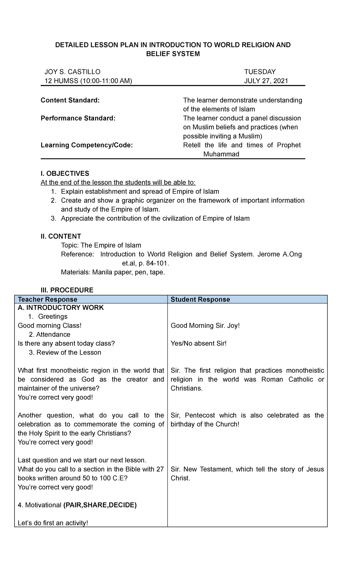 Detailed Lesson Plan on World Religion: Focus on Islam - HUMSS 12 - Studocu