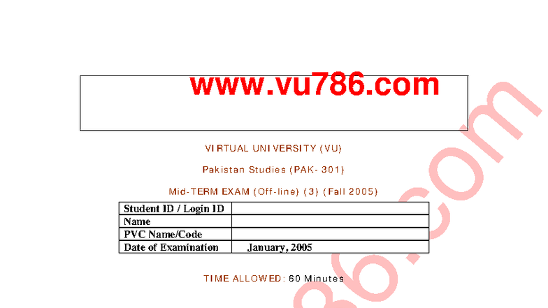 VU Pakistan Studies 301 Midterm Exam Notes (Fall 2005) - Studocu