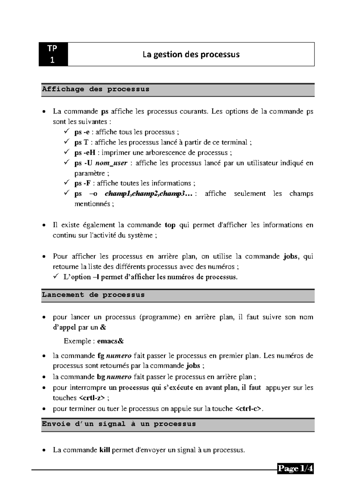 TP 1 - Gestion des Processus sous Linux: Commandes et Exemples - Studocu