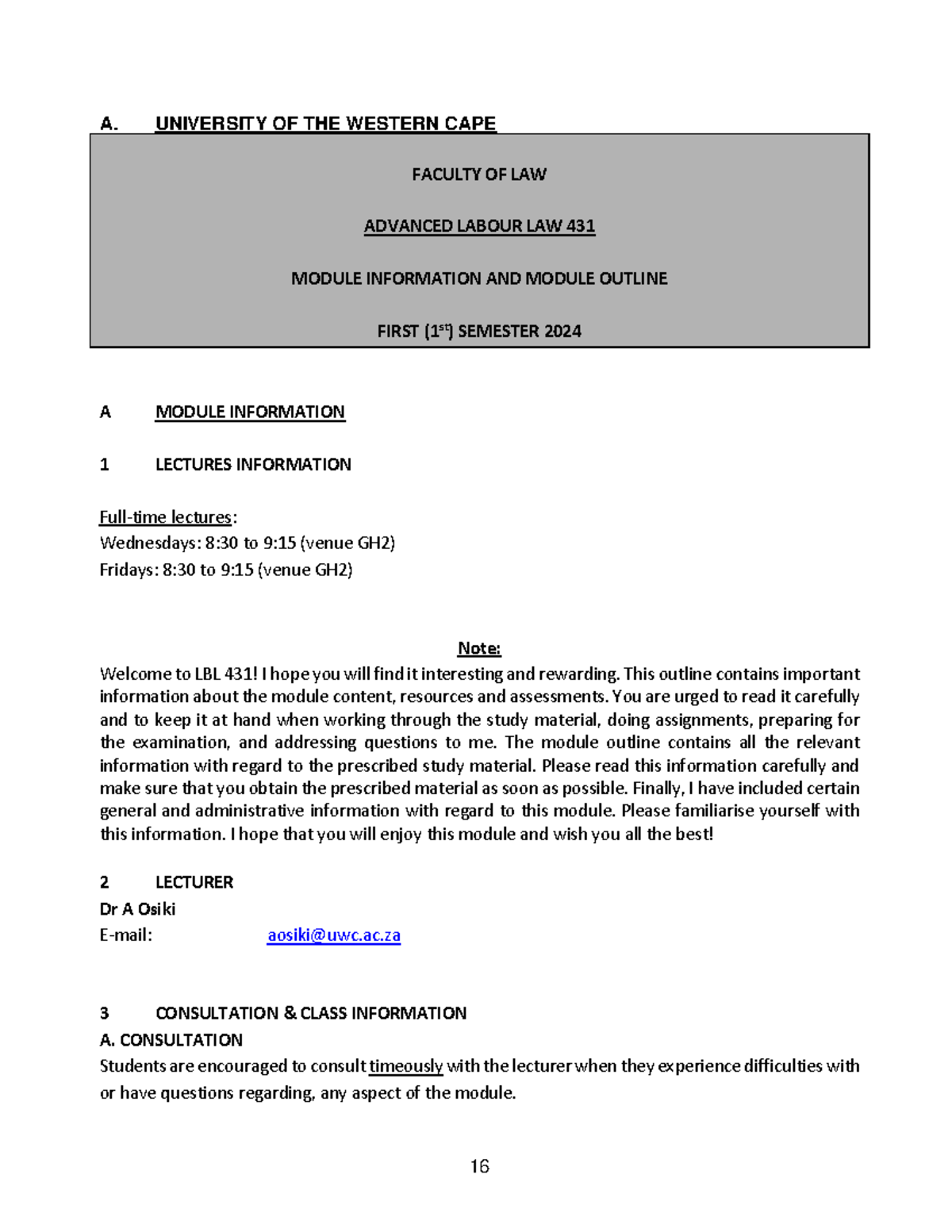 Advanced Labour Law 431 Course Outline & Module Information 2024 - Studocu