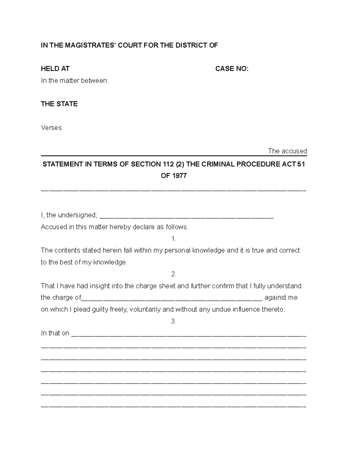 Section 112 Plea Statement Template for Magistrates' Court - Studocu