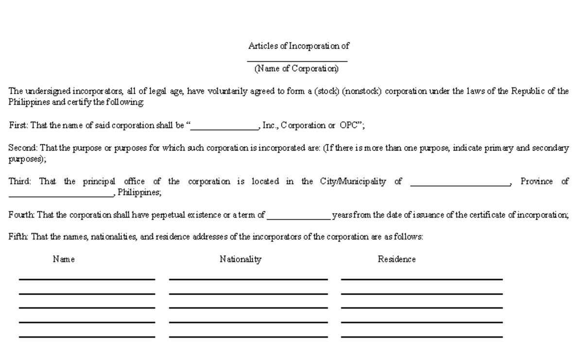 Form of AOI - forms of aoi - Articles of Incorporation of (Name of ...